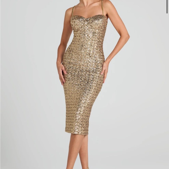 NADINE MERABI | Dresses | Nadine Merabi Nina Gold Sequin Midi Dress ...